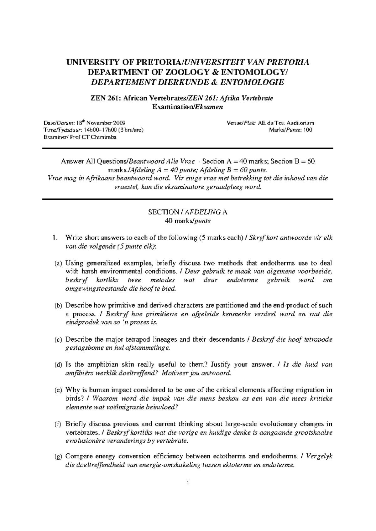Zen261 Nov2009 Past Papers 1 University Of Pretoria Universiteit