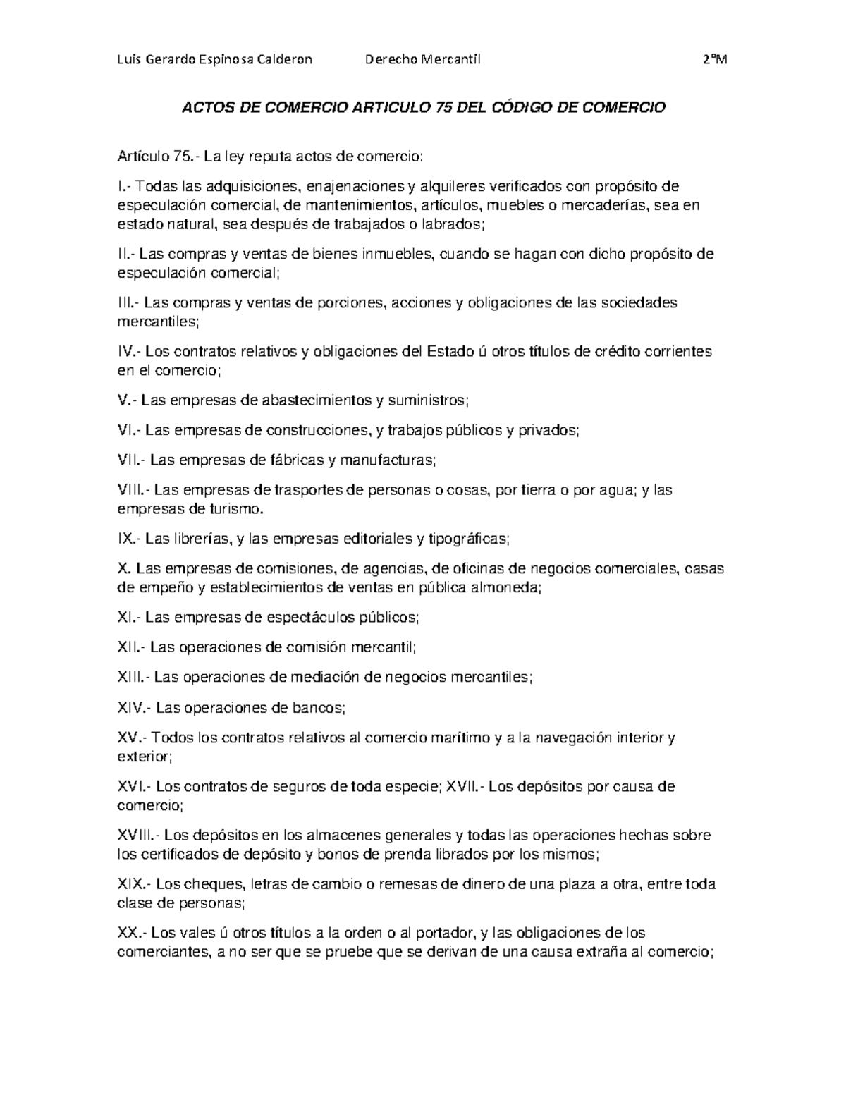 Actos DE Comercio Articulo 75 DEL Código DE Comercio - Luis Gerardo Espinosa Calderon Derecho ...