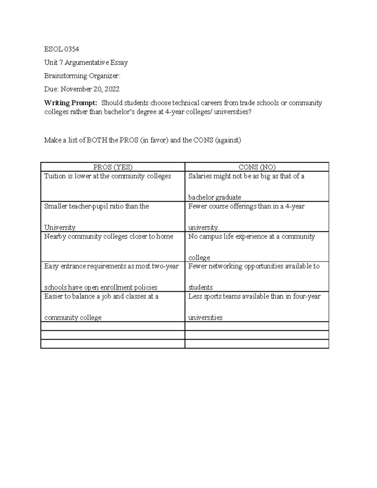 Argumentative Essay Brainstorming Organizer-1 - ESOL 0354 Unit 7 ...