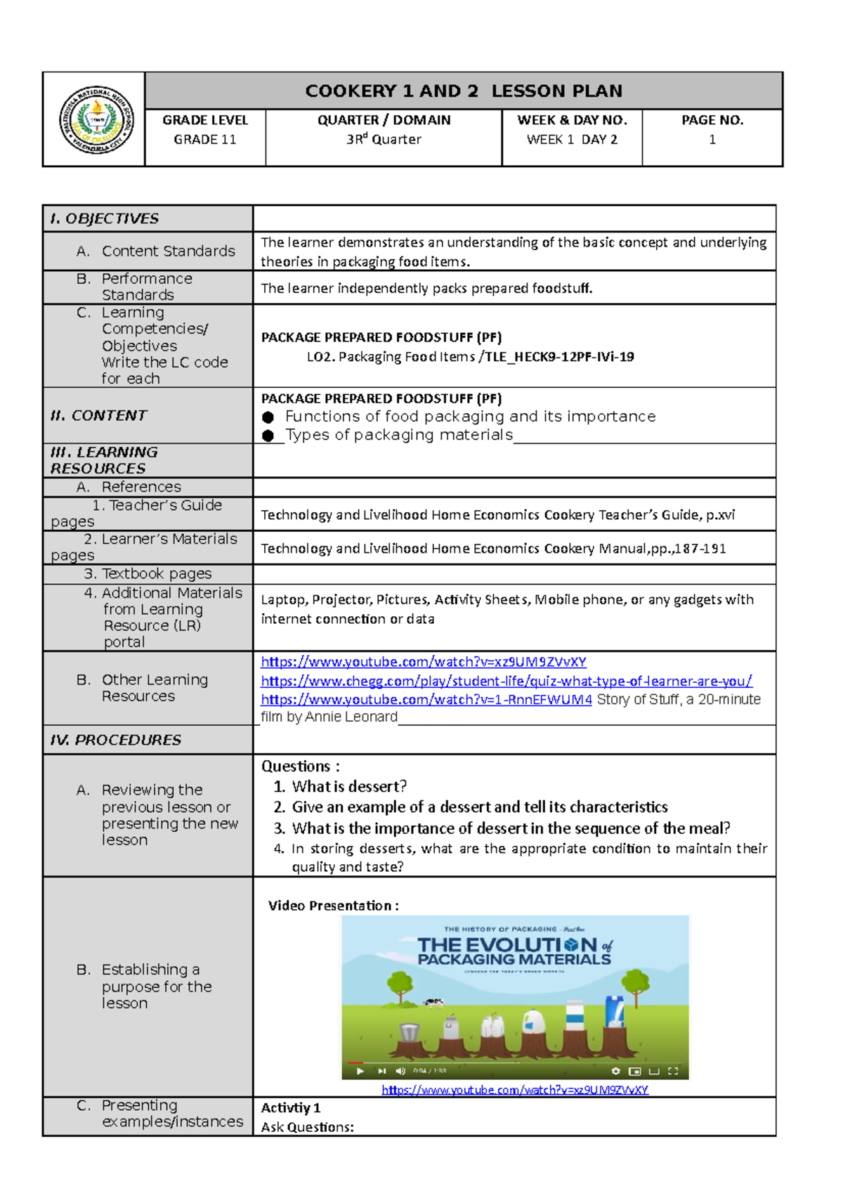 Lesson Plan Cookery (Differentiated Instruction) - GRADE LEVEL GRADE 11 ...