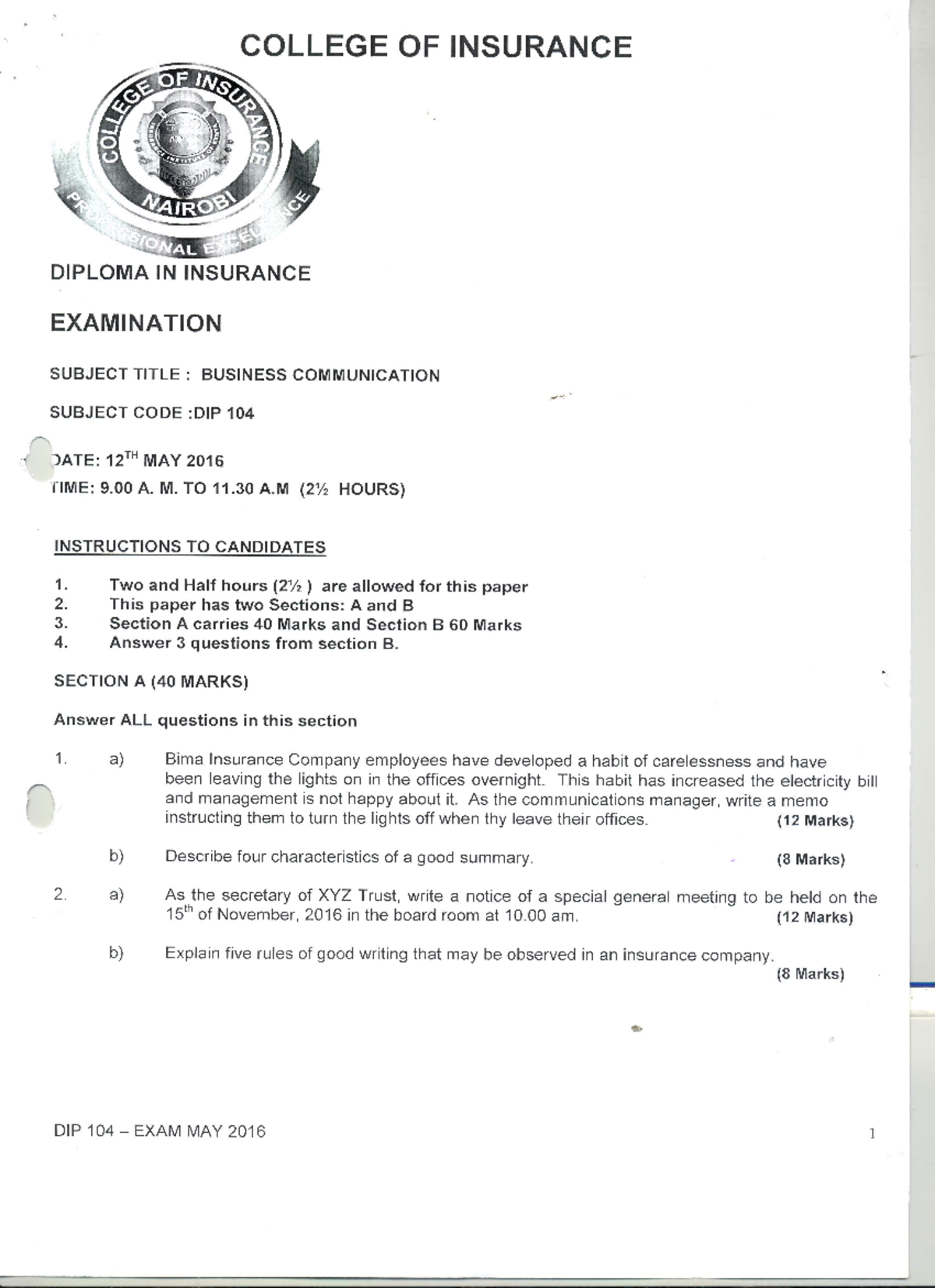 DIP 104 Examination PAST Papers - Bachelor of Commerce - JKUAT - Studocu