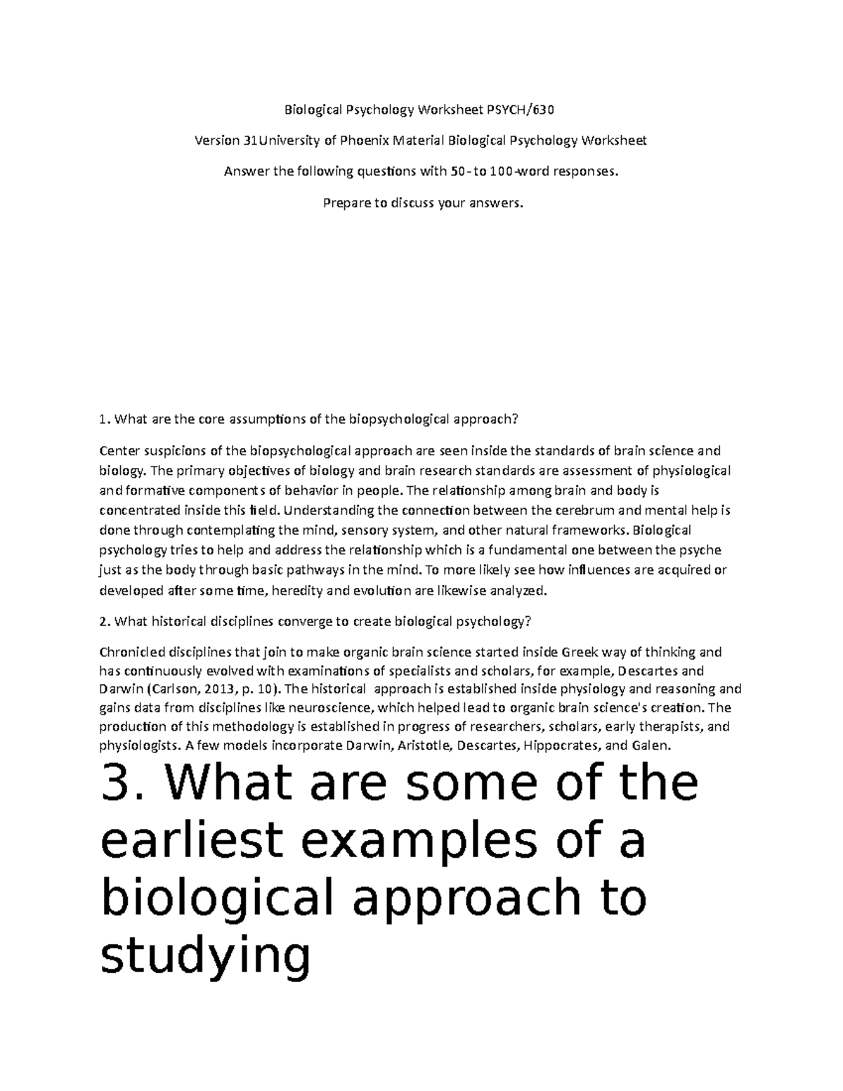 Psychology Worksheet 630 VV - Biological Psychology Worksheet PSYCH ...