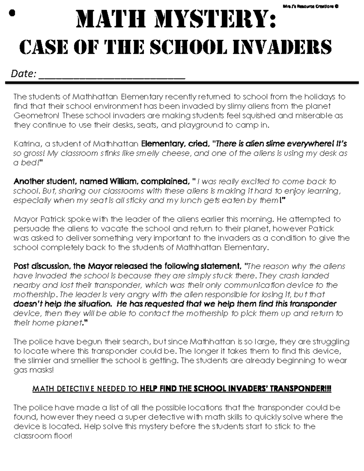 Cole Anderson - Math Mystery - MATH MYSTERY: CASE OF THE SCHOOL ...