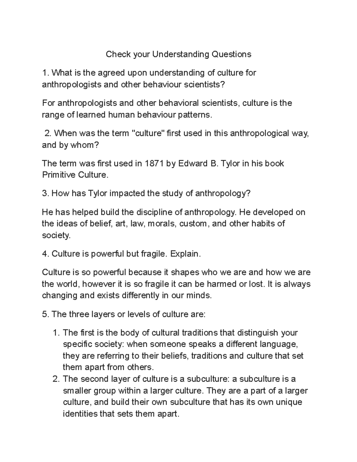 Check your Understanding Questions - When was the term "culture" first used in this - Studocu