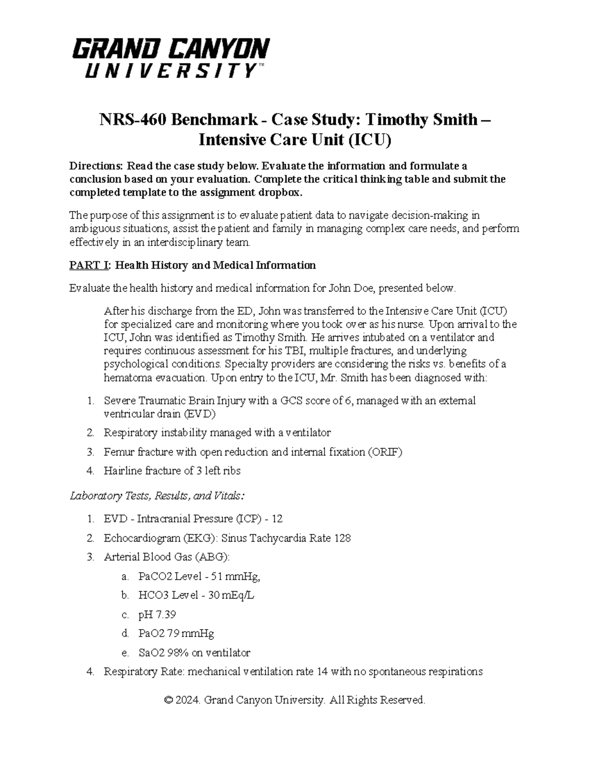 NRS 460 RS T2 Benchmark Case Study Timothy Smith ICU - NRS-460 ...