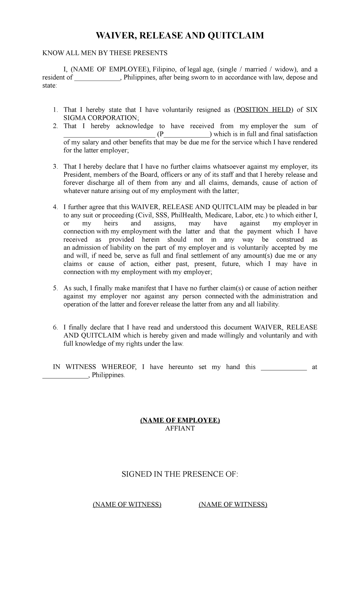 Waiver Release And Quitclaim WAIVER RELEASE AND QUITCLAIM KNOW ALL
