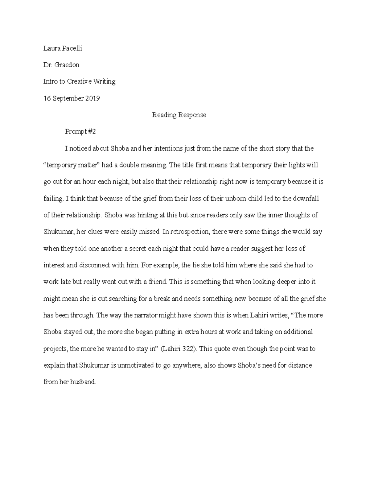 Creative Wrting Reader Response LP - Laura Pacelli Dr. Graedon Intro to ...