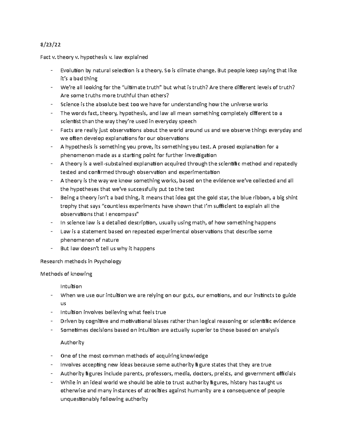 PSY 2235 Notes - 8/23/ Fact v. theory v. hypothesis v. law explained ...