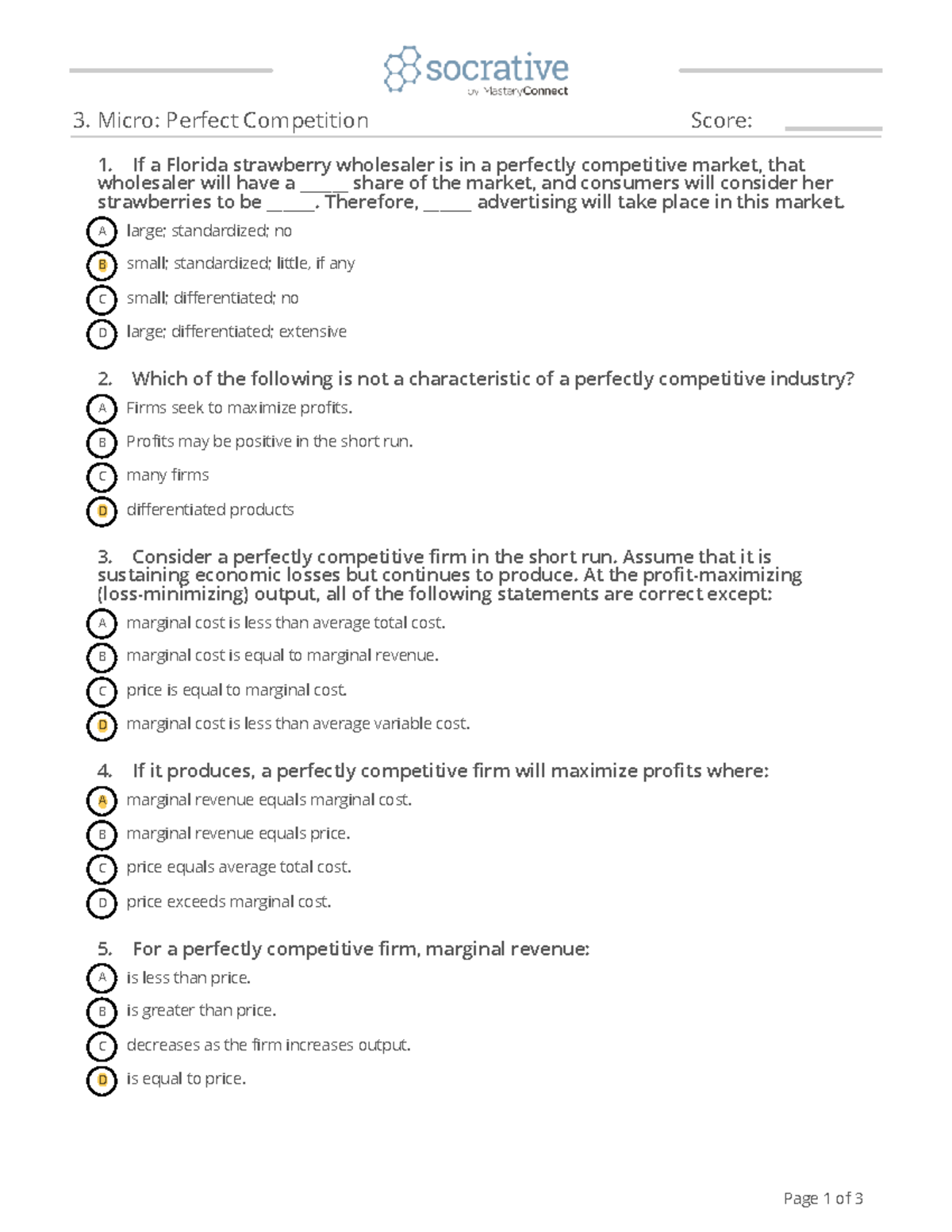Socrative Perfect Competition - 3. Micro: Perfect Competition Score: 1 ...