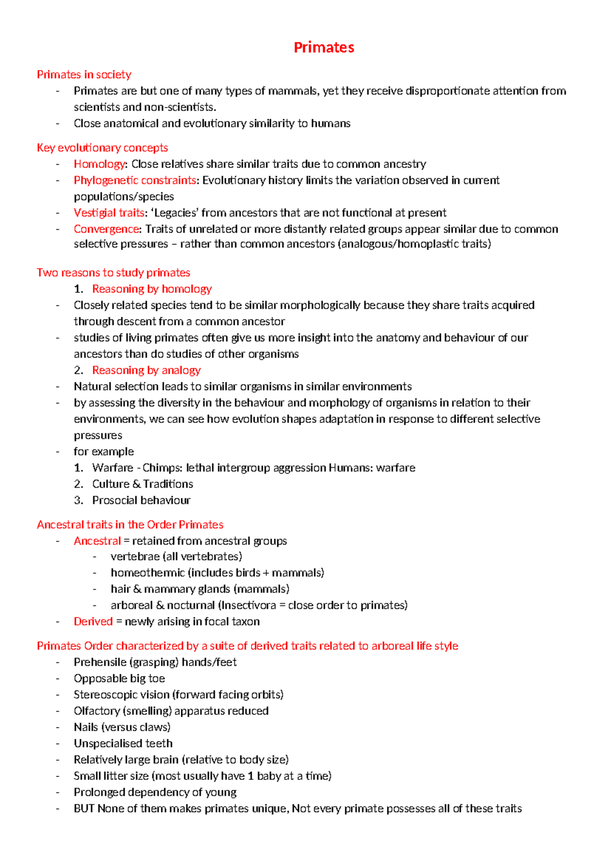 Primates - Summary Human Biology I: Becoming Human - Primates Primates ...