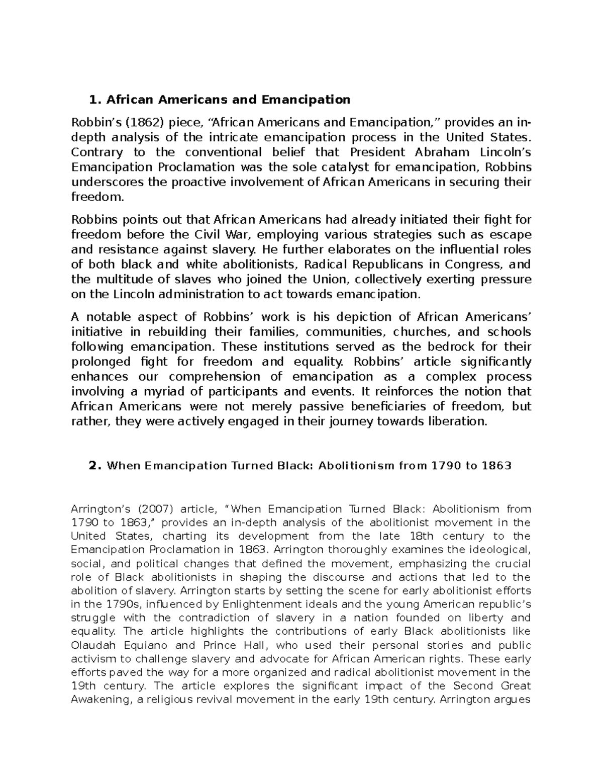 Emancipation Final - 1. African Americans and Emancipation Robbin’s ...