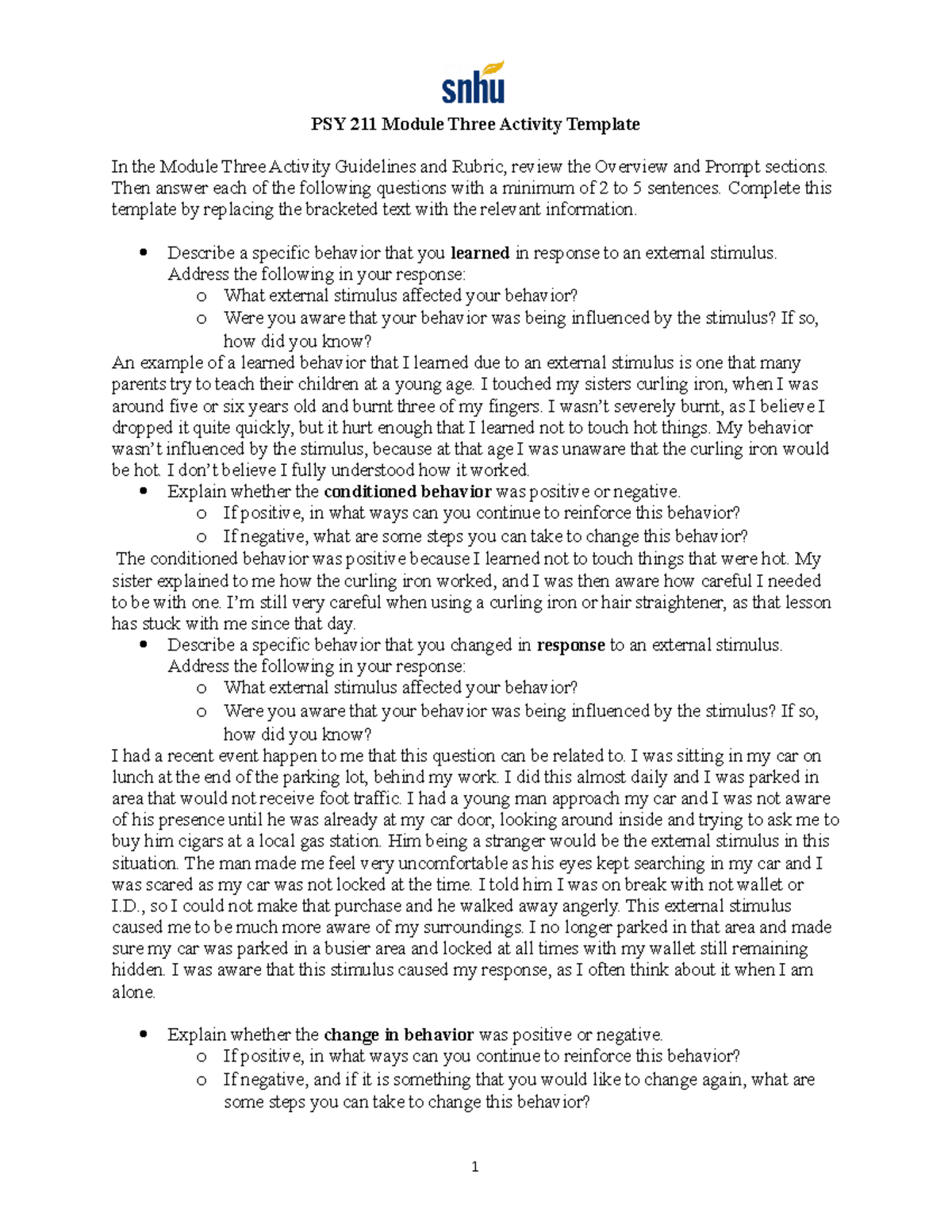 PSY 211 Module Three Activity Template - Then answer each of the ...