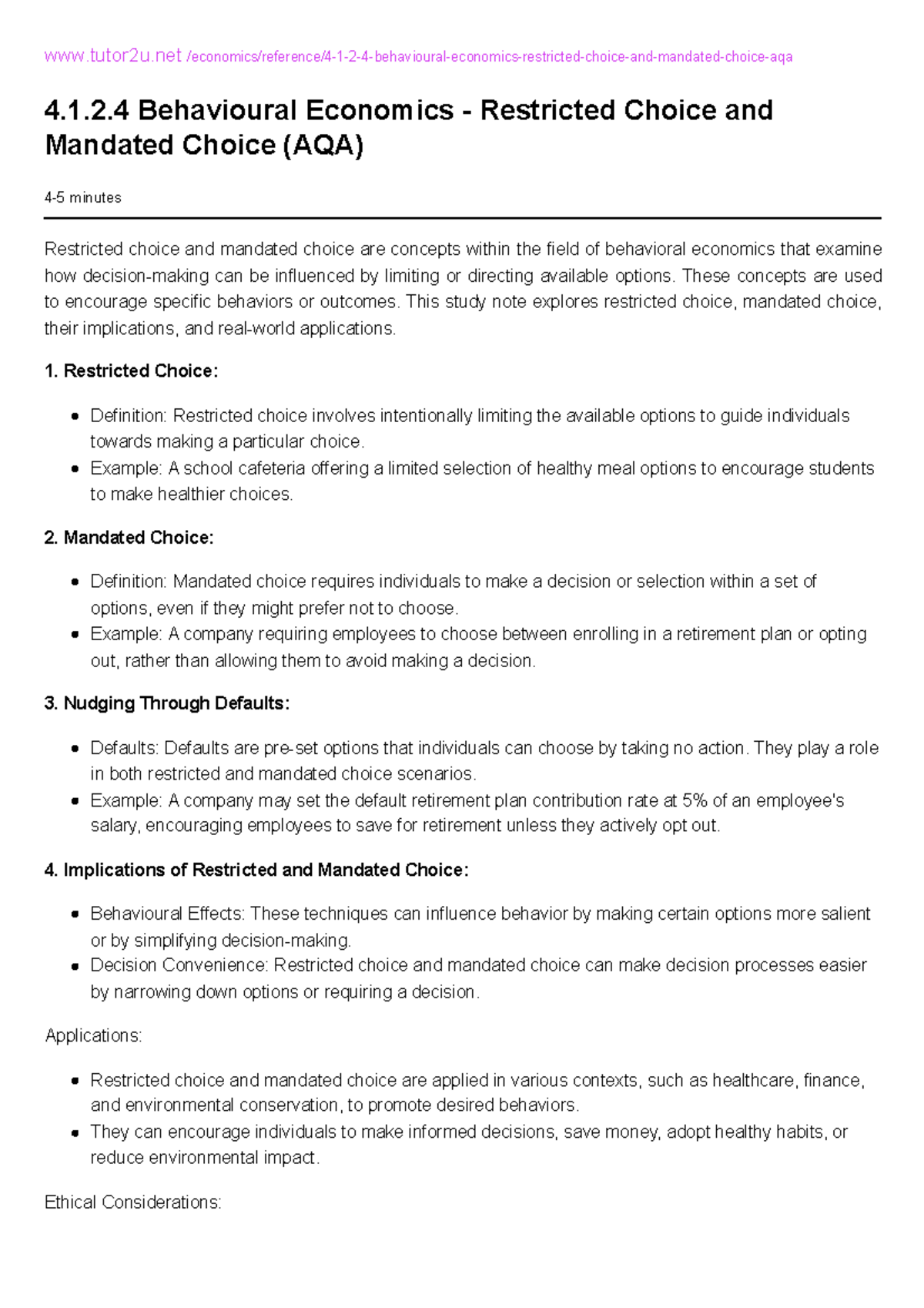 4.1.2.4 Behavioural Economics - Restricted Choice and Mandated Choice ...