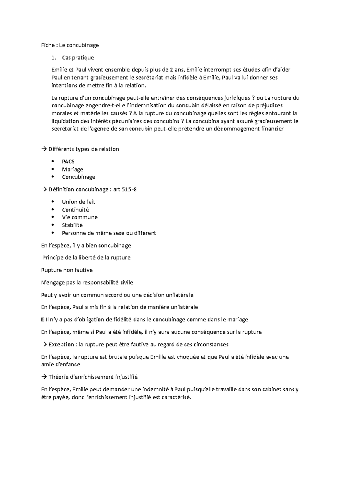 Fiche de cours concubinage - Fiche : Le concubinage 1. Cas pratique ...