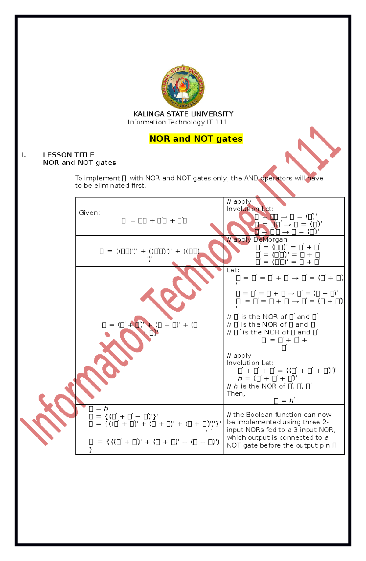 NOR and NOT gates - KALINGA STATE UNIVERSITY Information Technology IT ...