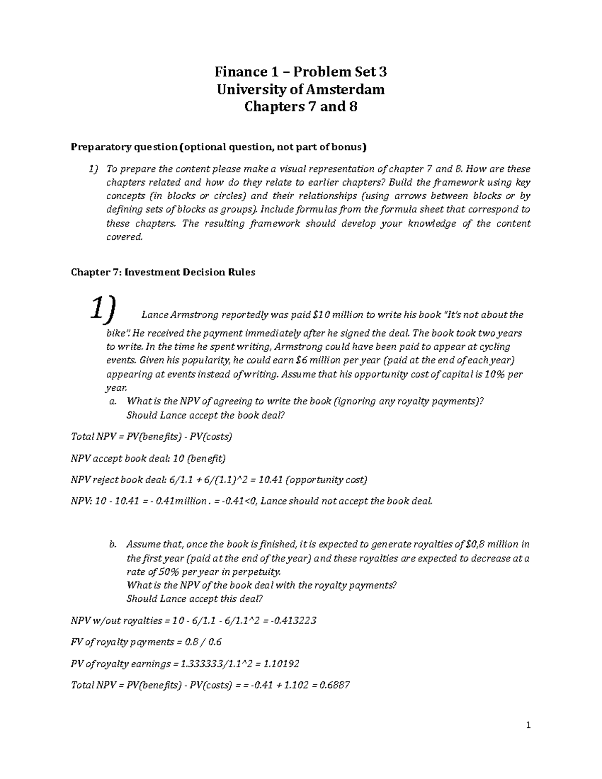 2021-10 Finance 1 - Problem Set 3 - Finance 1 – Problem Set 3 University of Amsterdam Chapters 7 ...