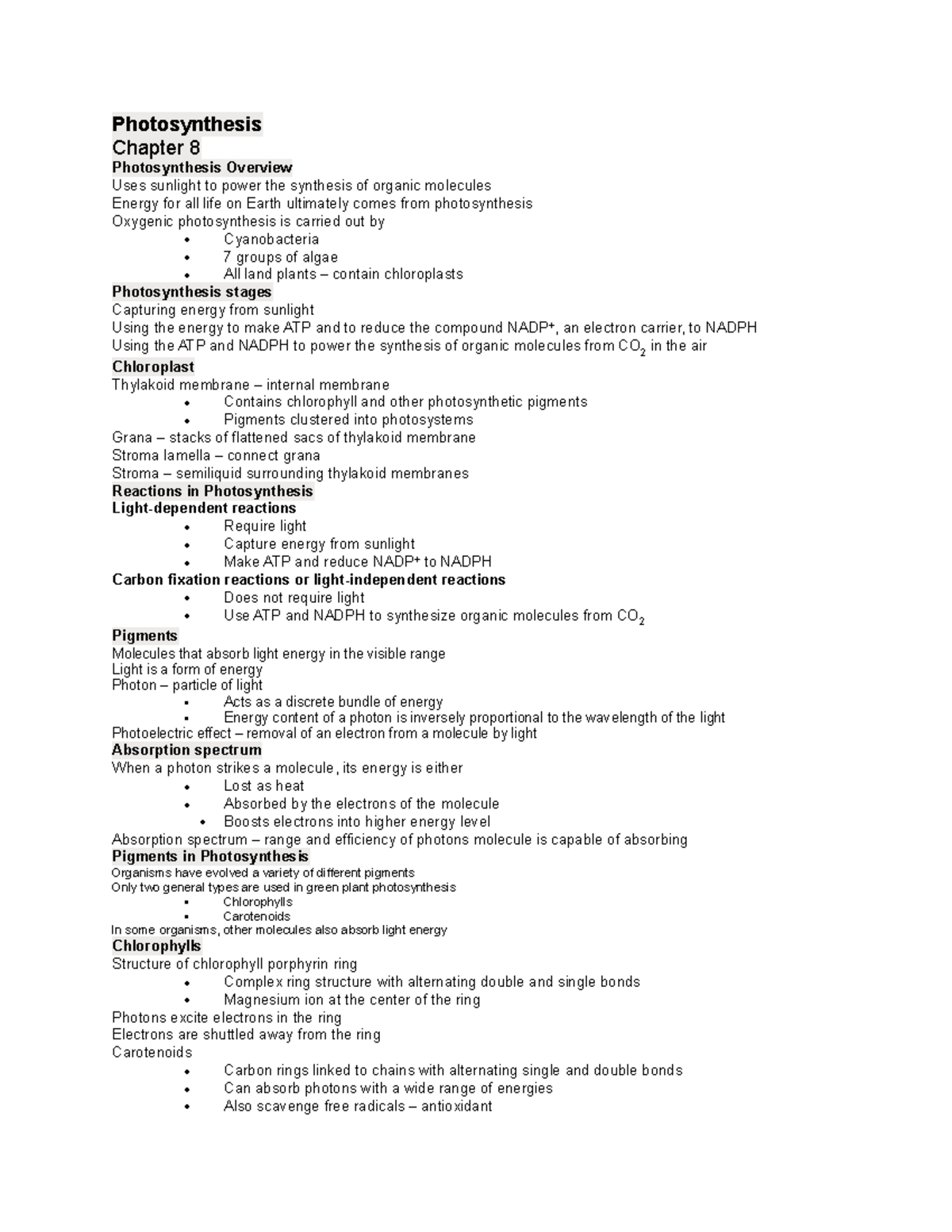 Photosynthesis - notes - Photosynthesis Chapter 8 Photosynthesis ...