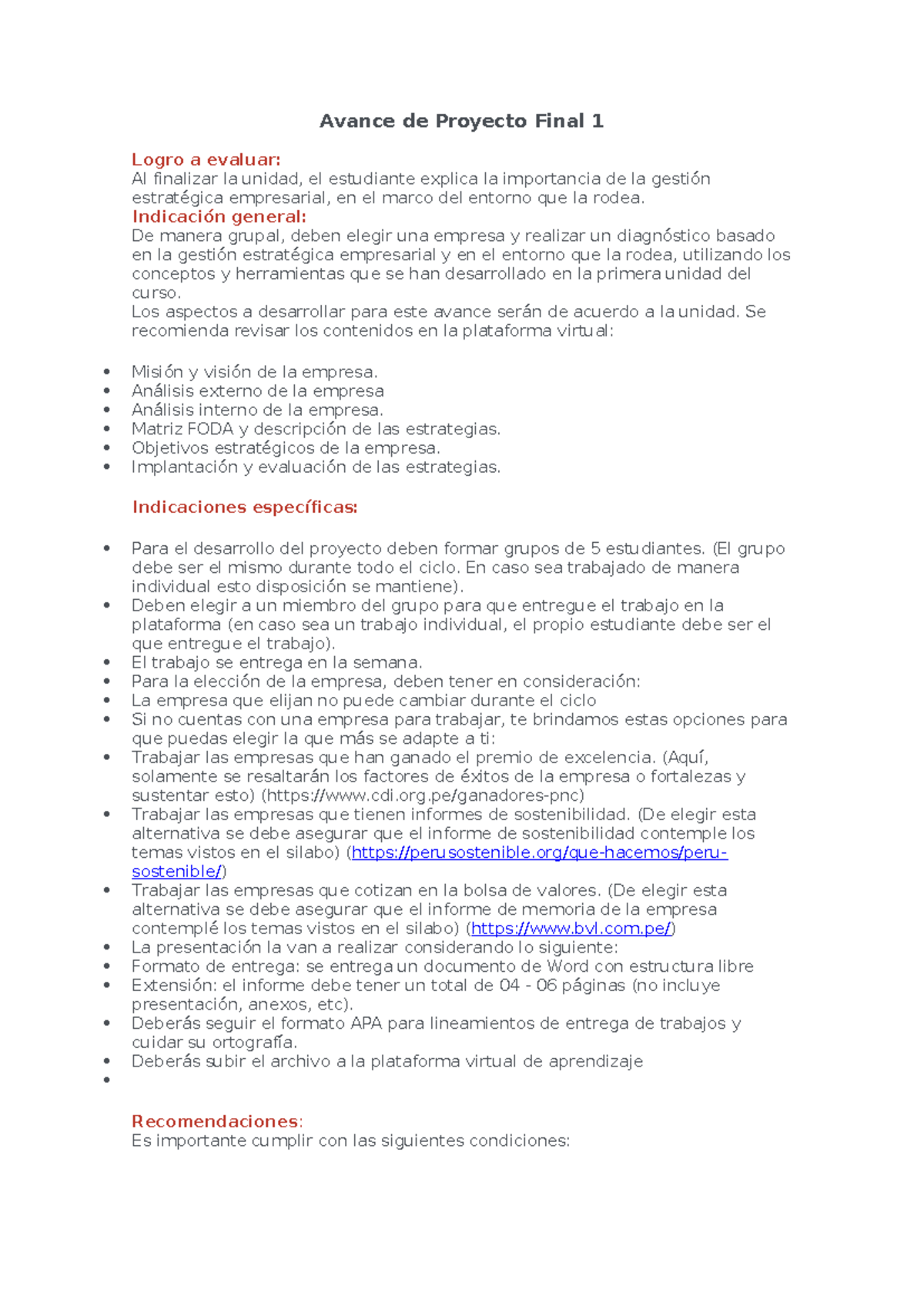 Indicaciones - Avance DE Proyecto Final 1 - Avance de Proyecto Final 1 Logro a evaluar: Al ...