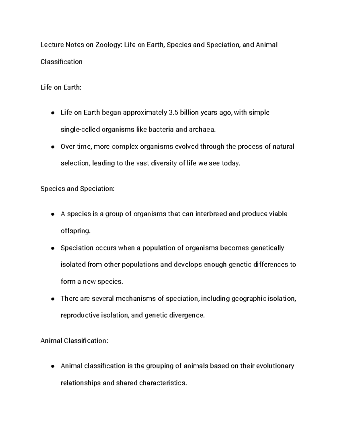 Lecture Notes on Zoology Life on Earth, Species and Speciation, and ...