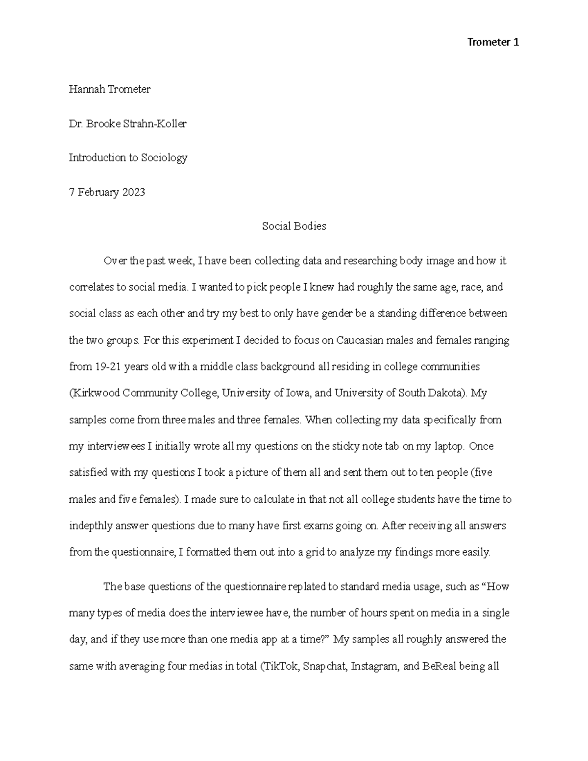 Kirkwood Sociology - assignment 1 paper example - Hannah Trometer Dr ...