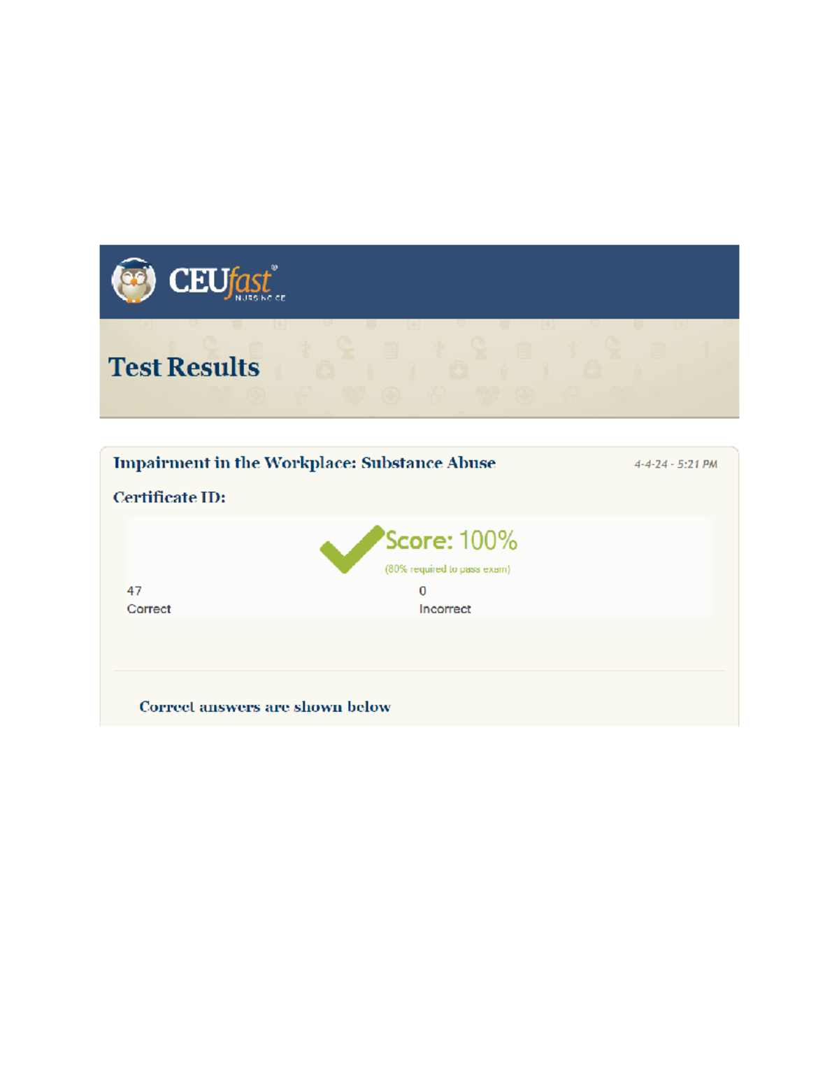 CEUFast - Test Results Impairment in the Workplace Substance Abuse-New ...