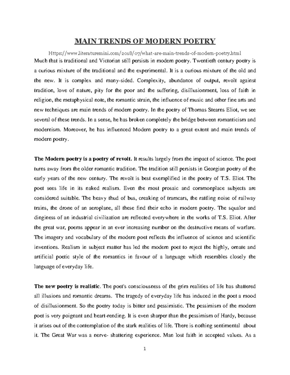 IIU Main Trends of Modern Poetry - 1 MAIN TRENDS OF MODERN POETRY - Studocu