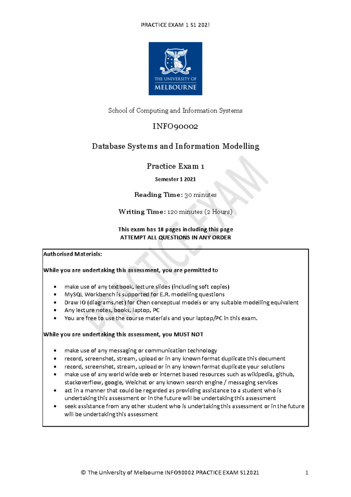 Practice Exam s1 2021 - School of Computing and Information Systems ...
