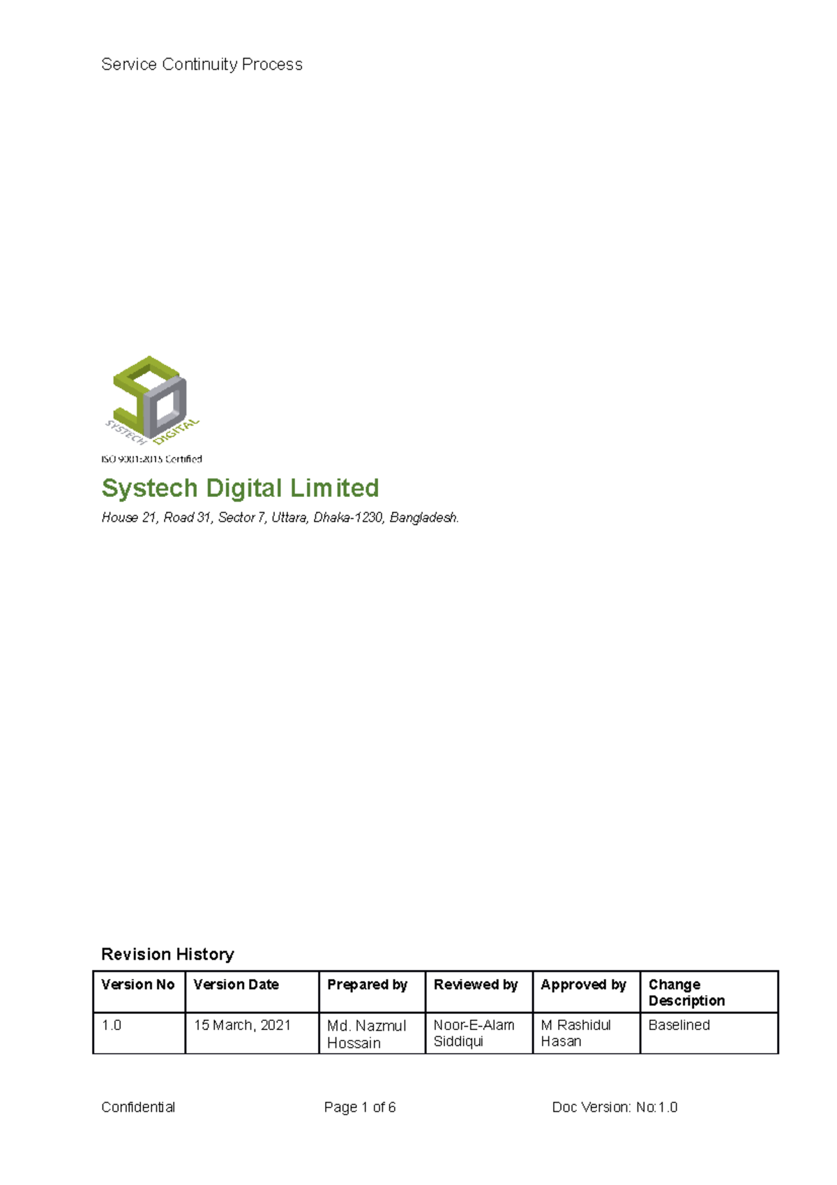 Service Continuity Process - Systech Digital Limited House 21, Road 31 ...