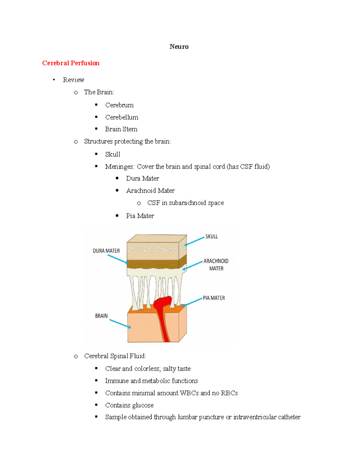 Unit 8 (Neuro) Exam 4 lecture notes - Neuro Cerebral Perfusion Review o ...