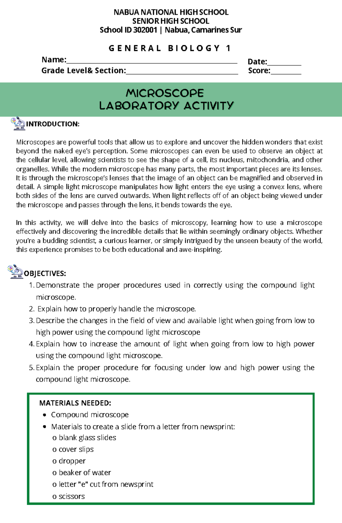 Microscope Laboratory Activity Sheet - Demonstrate the proper ...