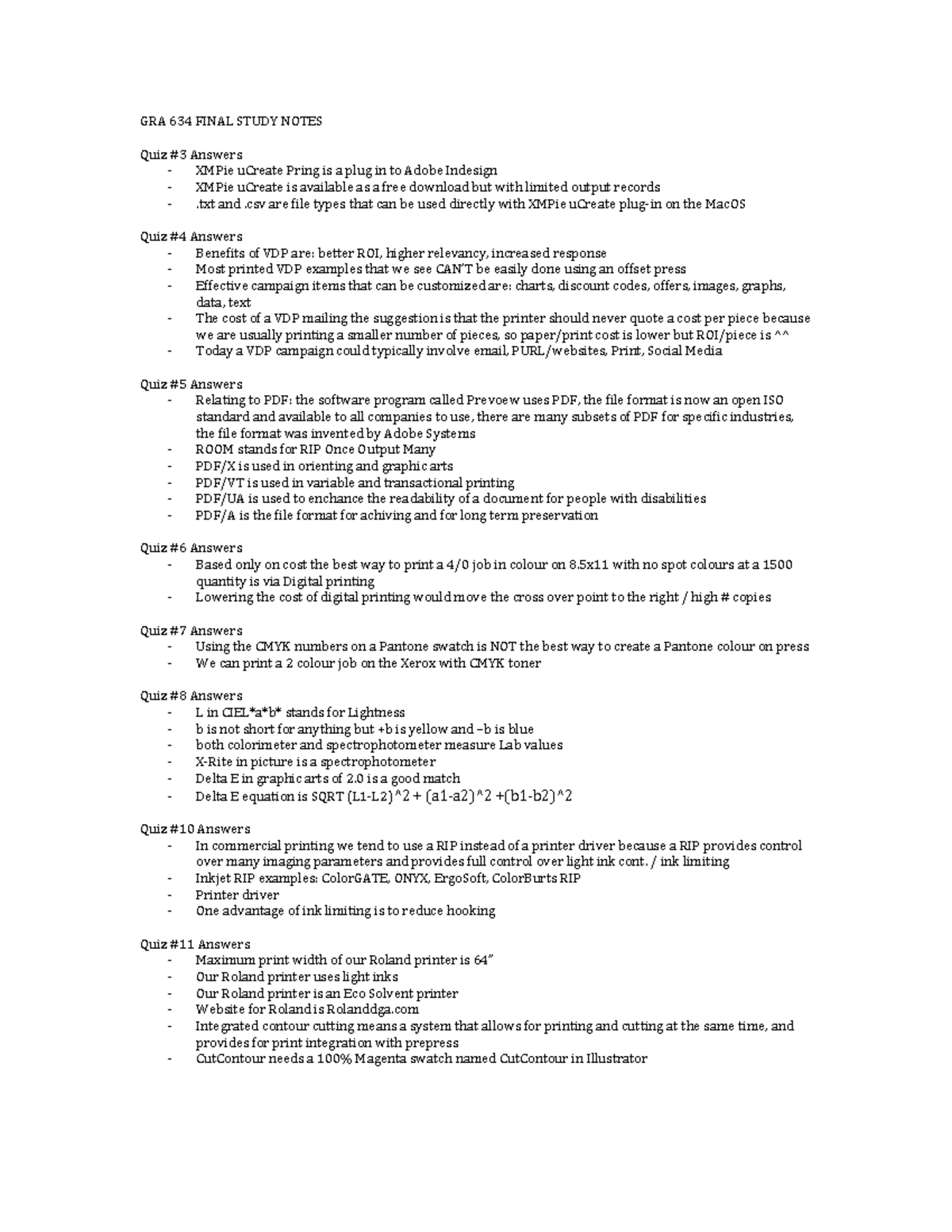 Lecture notes - final study notes - GRA 634 FINAL STUDY NOTES Quiz ...