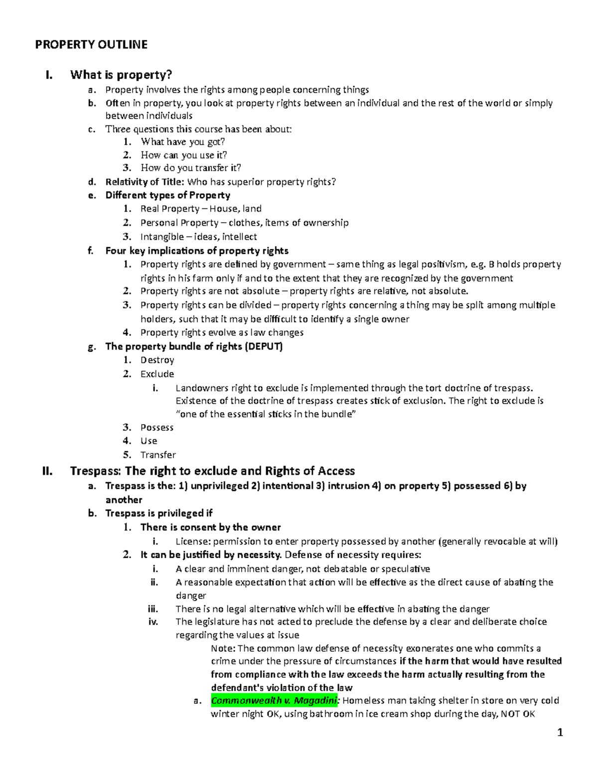 Property Final Outline - PROPERTY OUTLINE I. What is property? a ...
