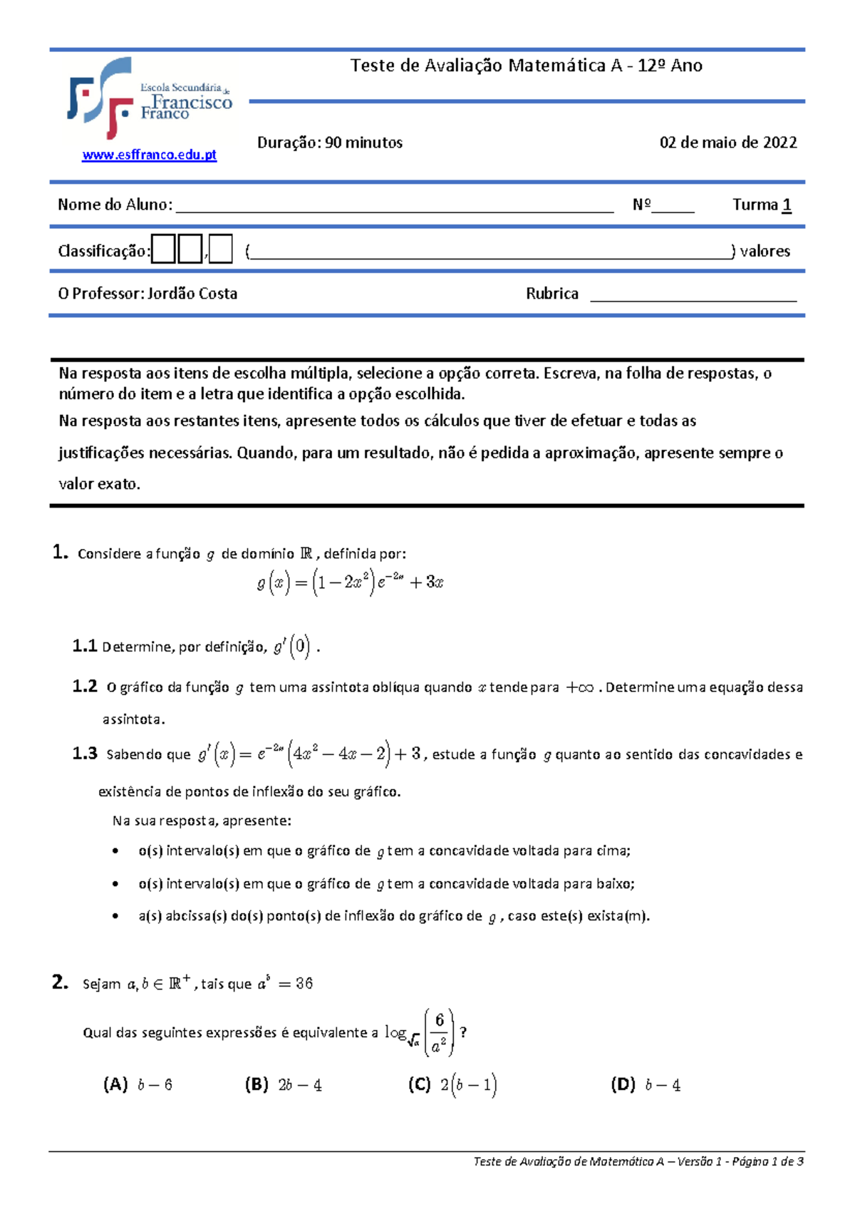 12- Turma 1 02-05-2022 - Teste de Avaliação de Matemática A – Versão 1 ...