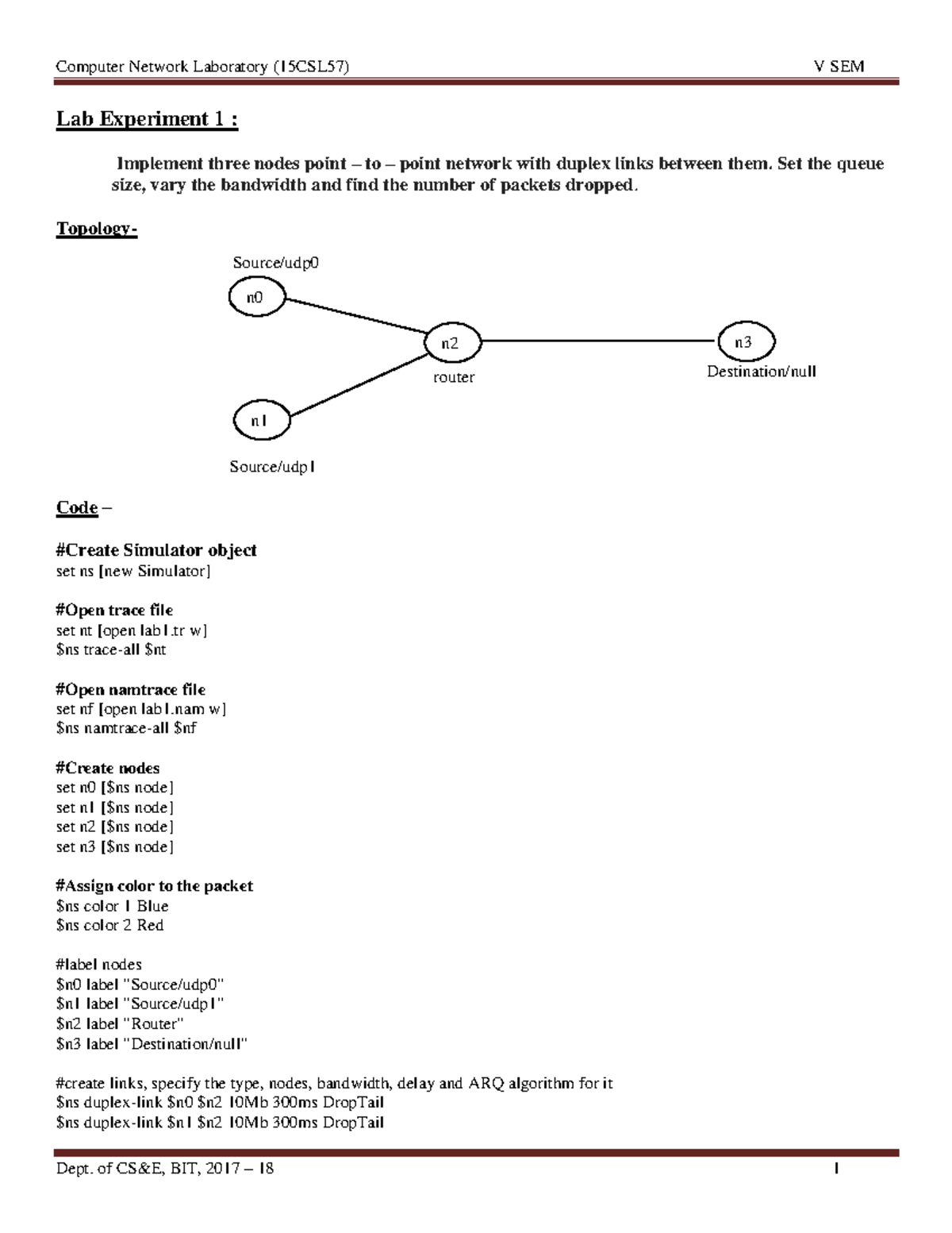 CNlab Vsem Manual 1 - Lab Experiment 1 : Implement three nodes point – to – point network with ...