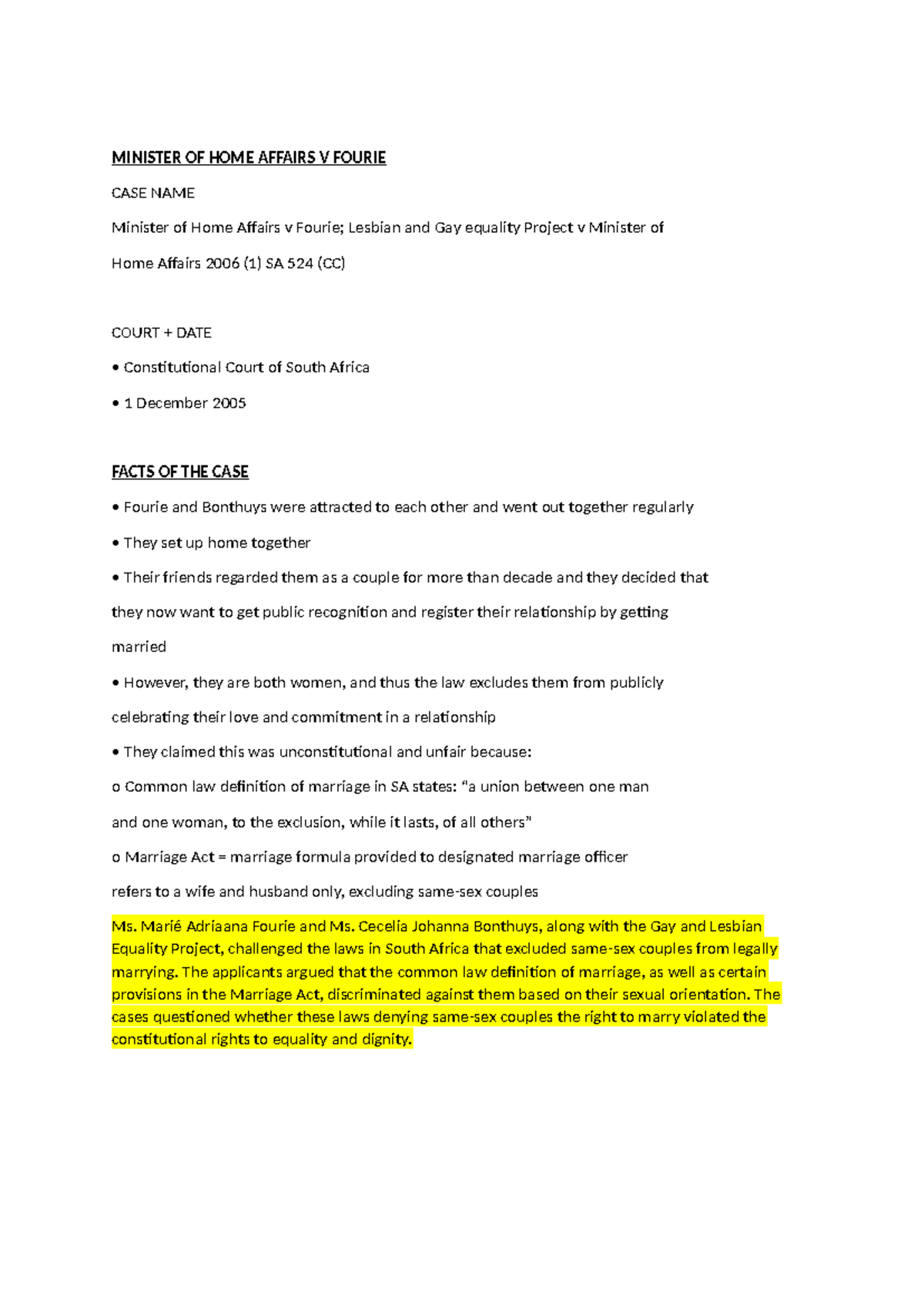 Fourie v Minister of home affairs - MINISTER OF HOME AFFAIRS V FOURIE ...