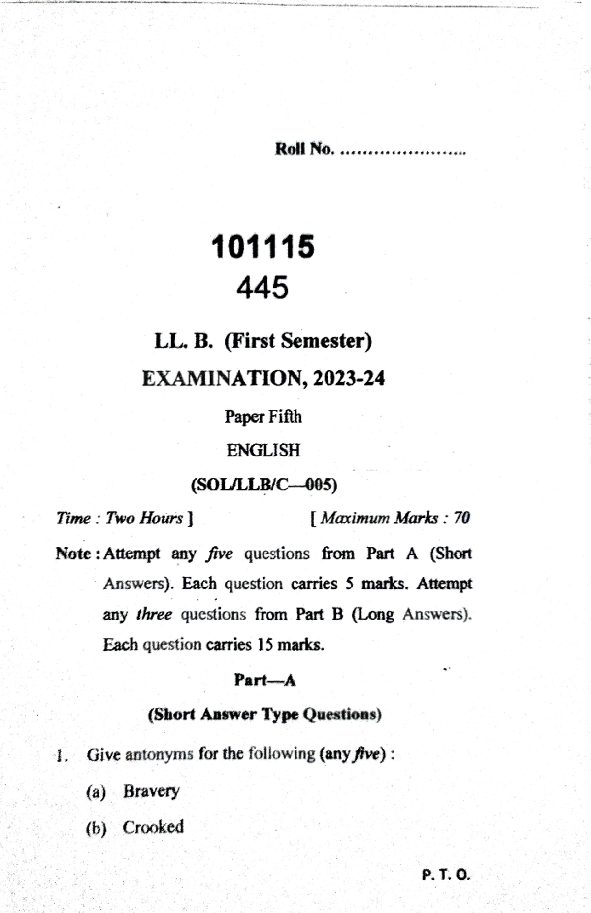 LLB first sem English Paper 2023 - LL. B. (First Semester) Roll No. EXAMINATION, 2023- Time ...