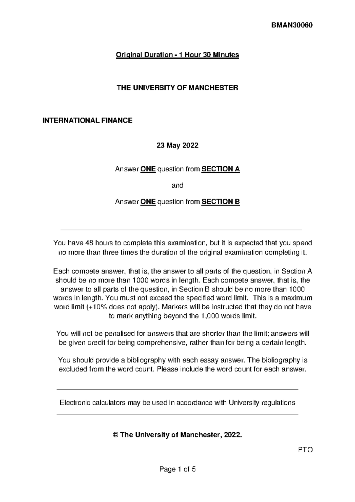 BMAN30060 S2 Exam 21-22 - Original Duration - 1 Hour 30 Minutes THE ...