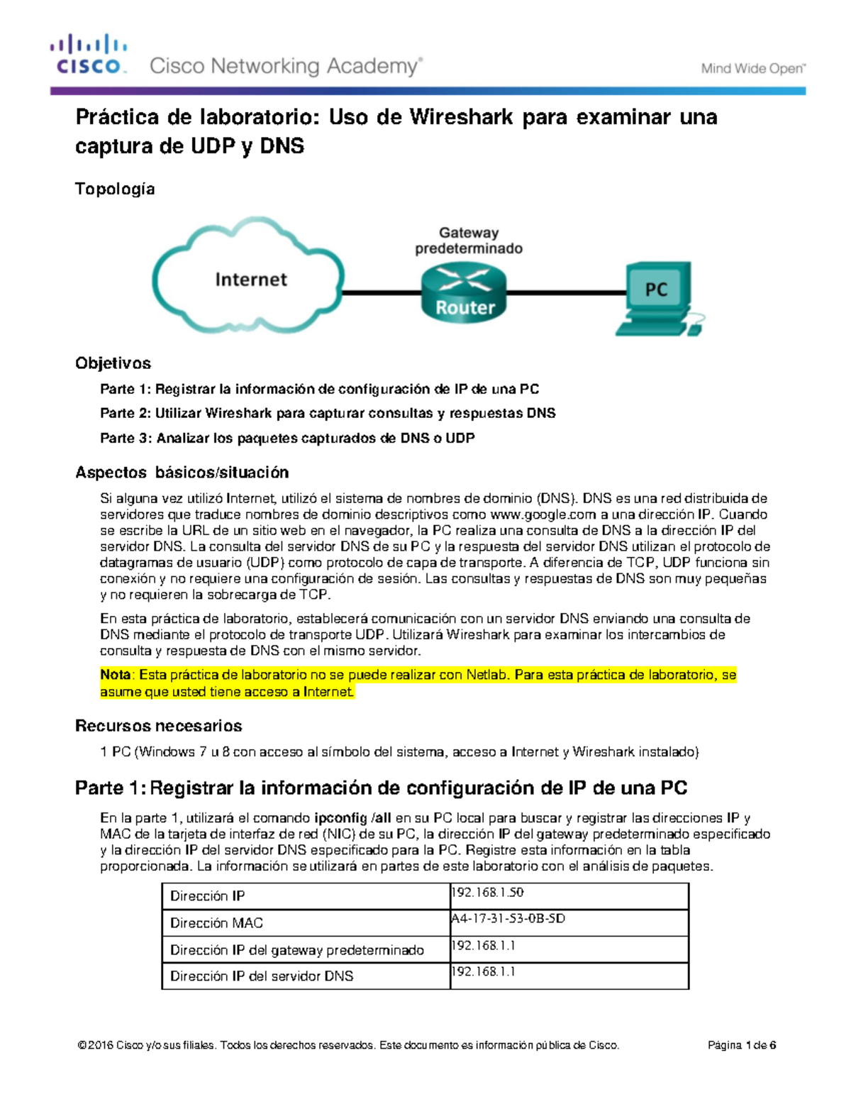 9.2.3.5 Lab - Using Wireshark to Examine a UDP DNS Capture - Práctica ...