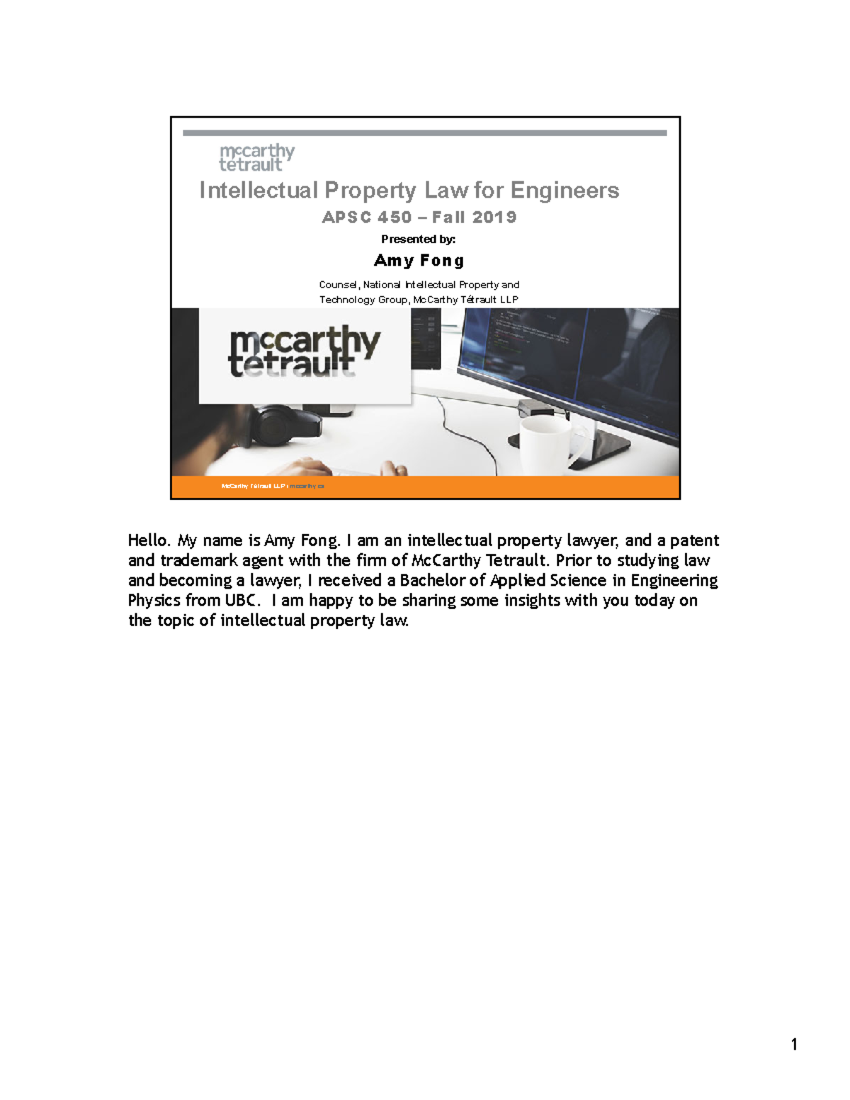APSC 450 IP Law for Engineers - Amy Fong - McCarthy Tétrault LLP / mccarthy APSC 450 ñ Fall 2019 ...