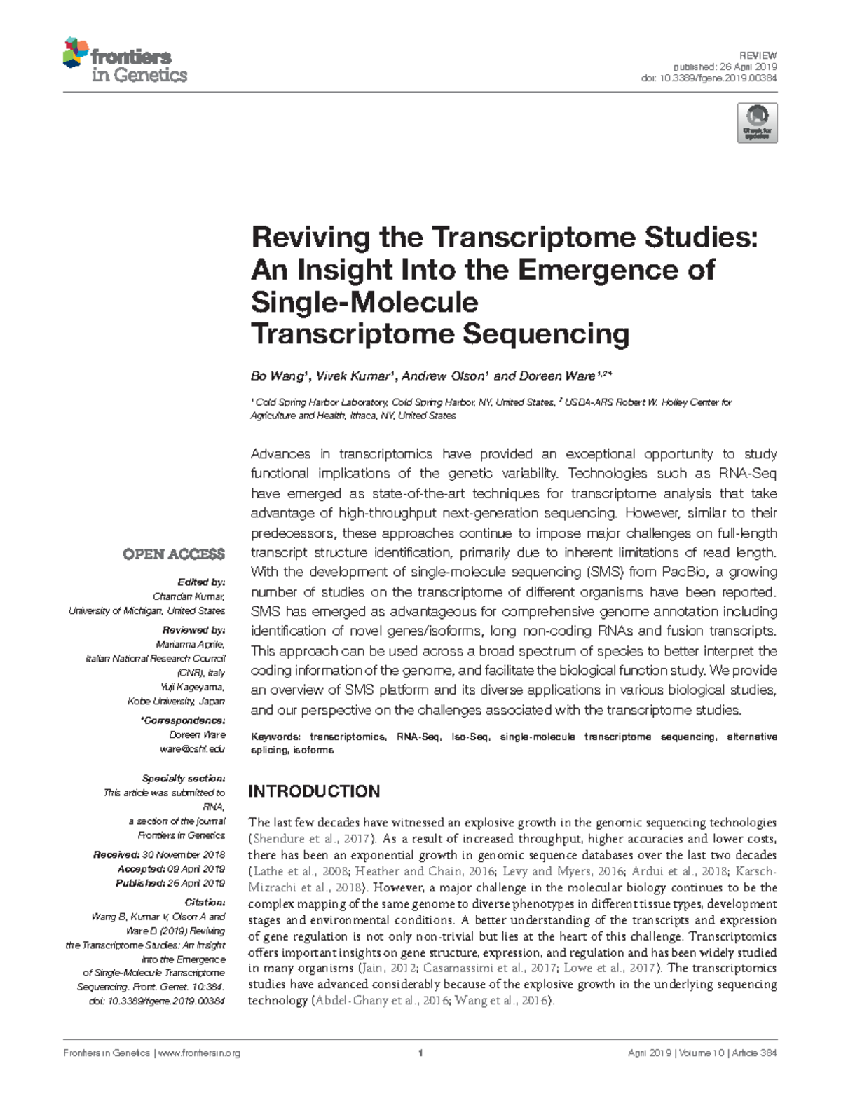 Transcriptomics Frontiers in Genetics - REVIEW published: 26 April 2019 ...