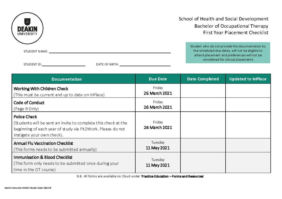 1st Year Placement Checklist 2021 foundation of occupational science ...