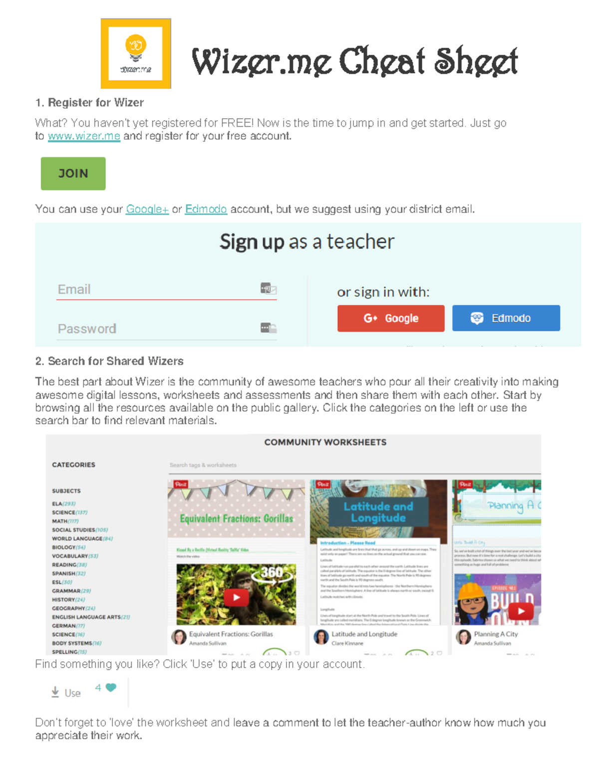 Wizer Cheat Sheet - Register for Wizer What? You haven’t yet registered ...