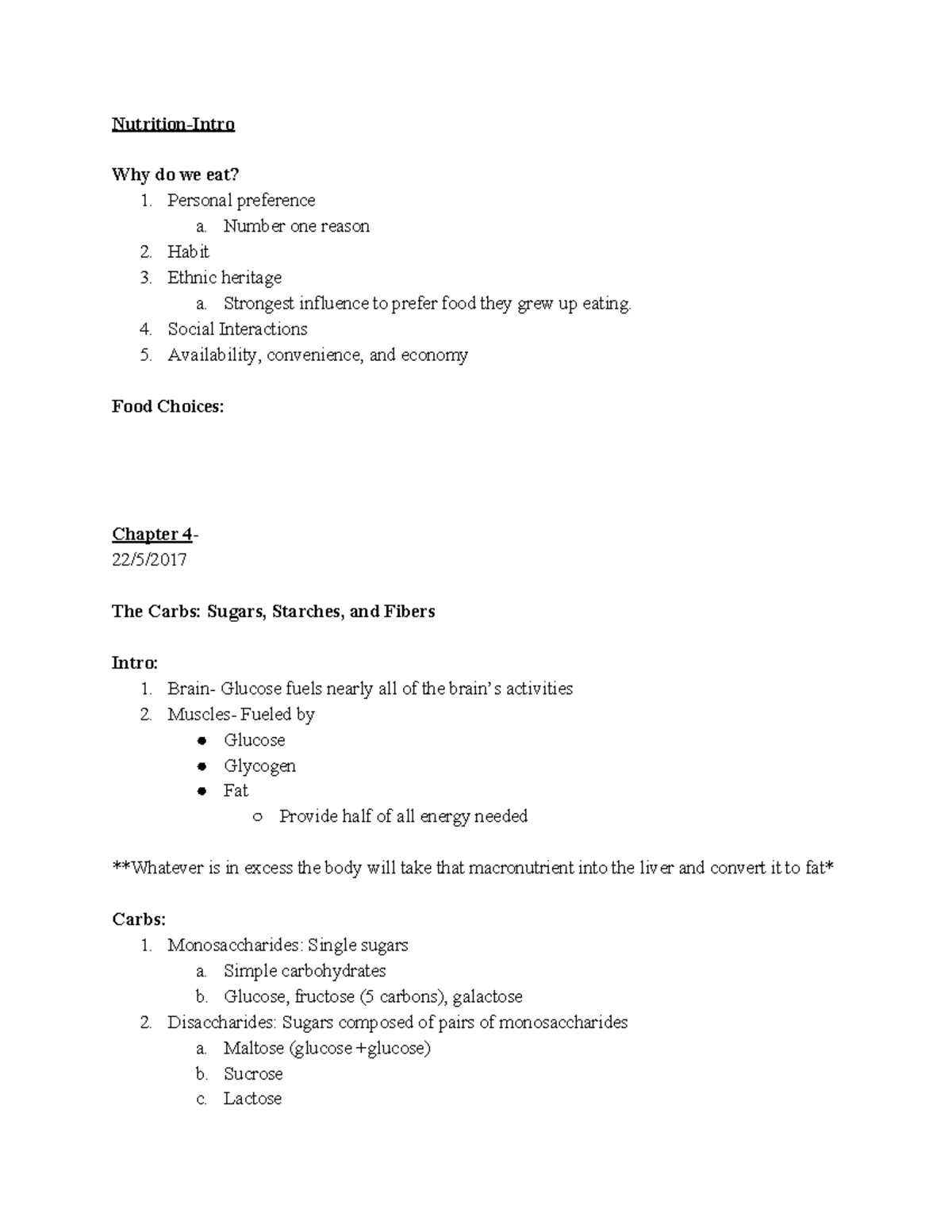 Nutrition notes starting from Chap. 4 - Nutrition-Intro Why do we eat ...