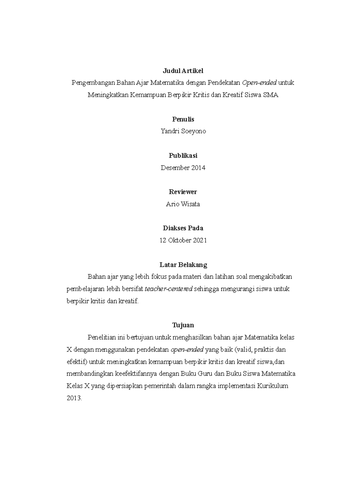 Review Pengembangan Bahan Ajar Matematika dengan Pendekatan Open-ended untuk Meningkatkan ...