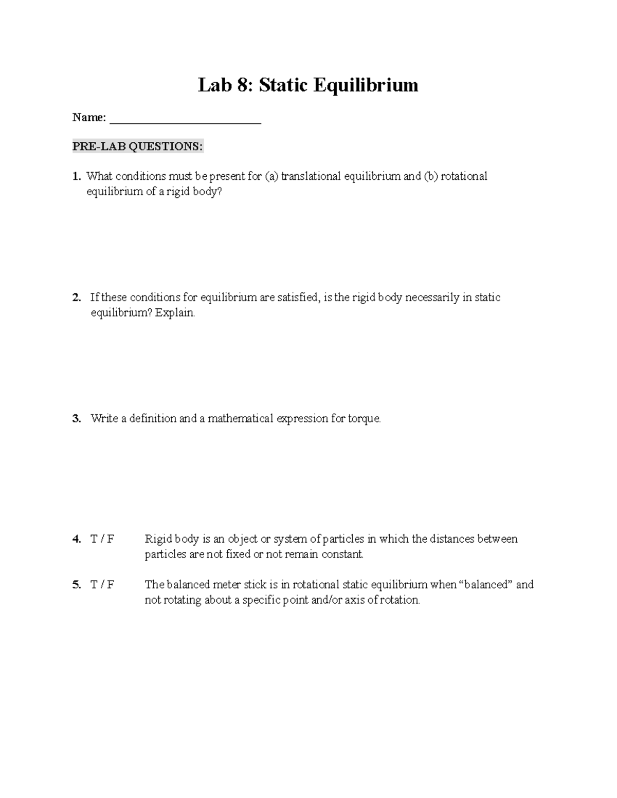 Lab 8 - Static Equilibrium Virtual Lab - Lab 8: Static Equilibrium Name