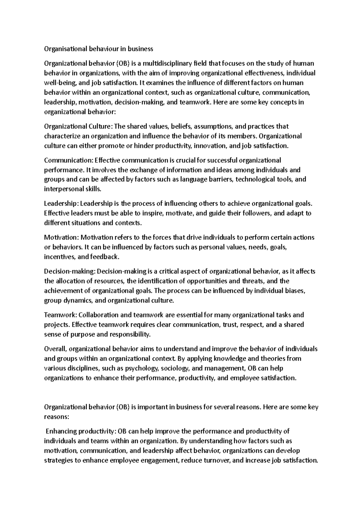 Organisational behaviour in business - Organisational behaviour in ...