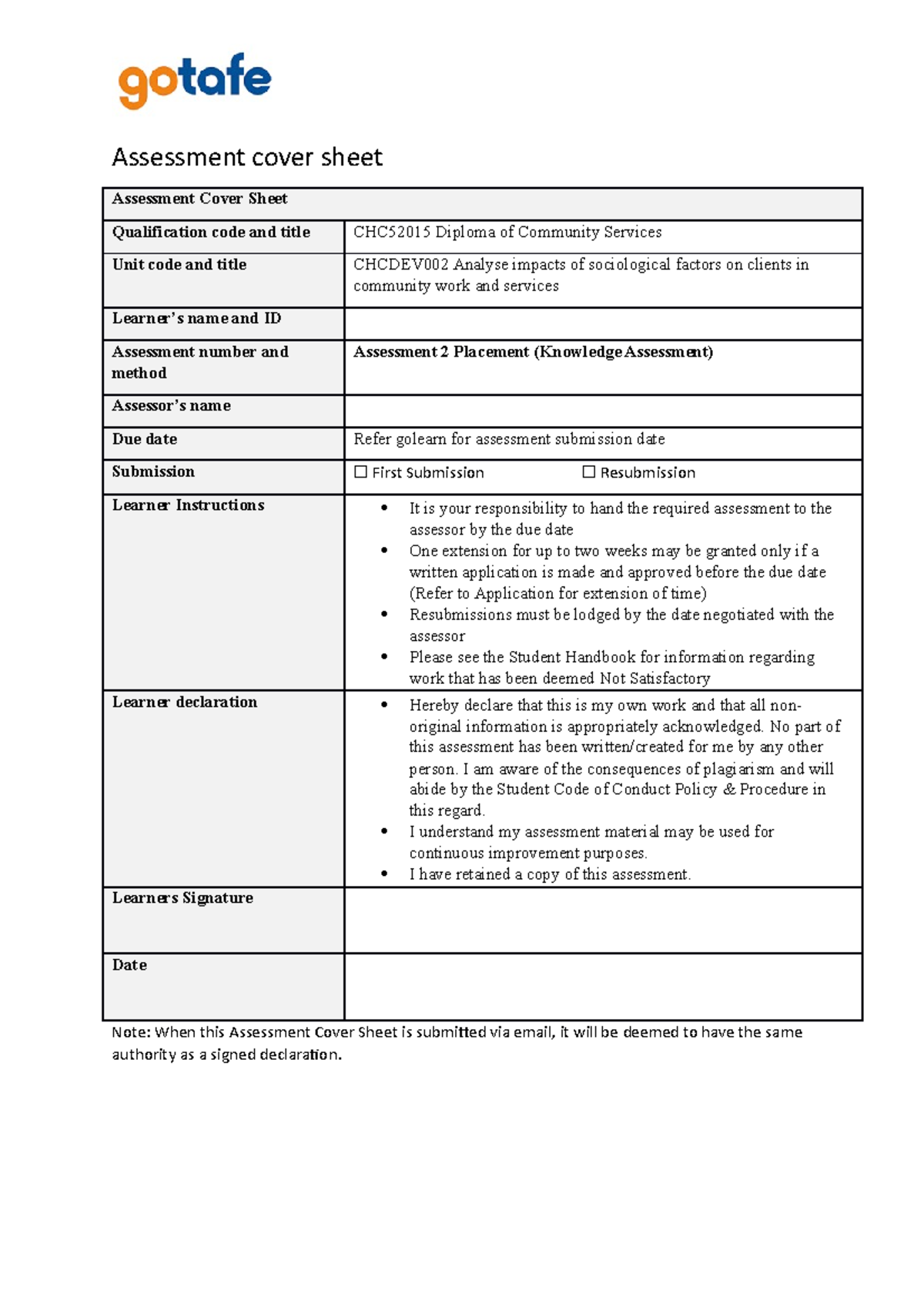 2022 Task 2 Placement (Knowledge Assessment) Learner - Assessment cover ...