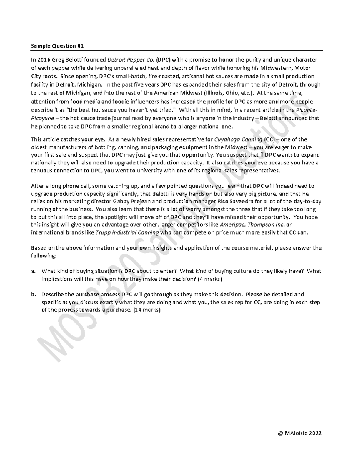 MOS 2320 - Midterm Sample Questions - @ MAloisio 202 2 Sample Question ...