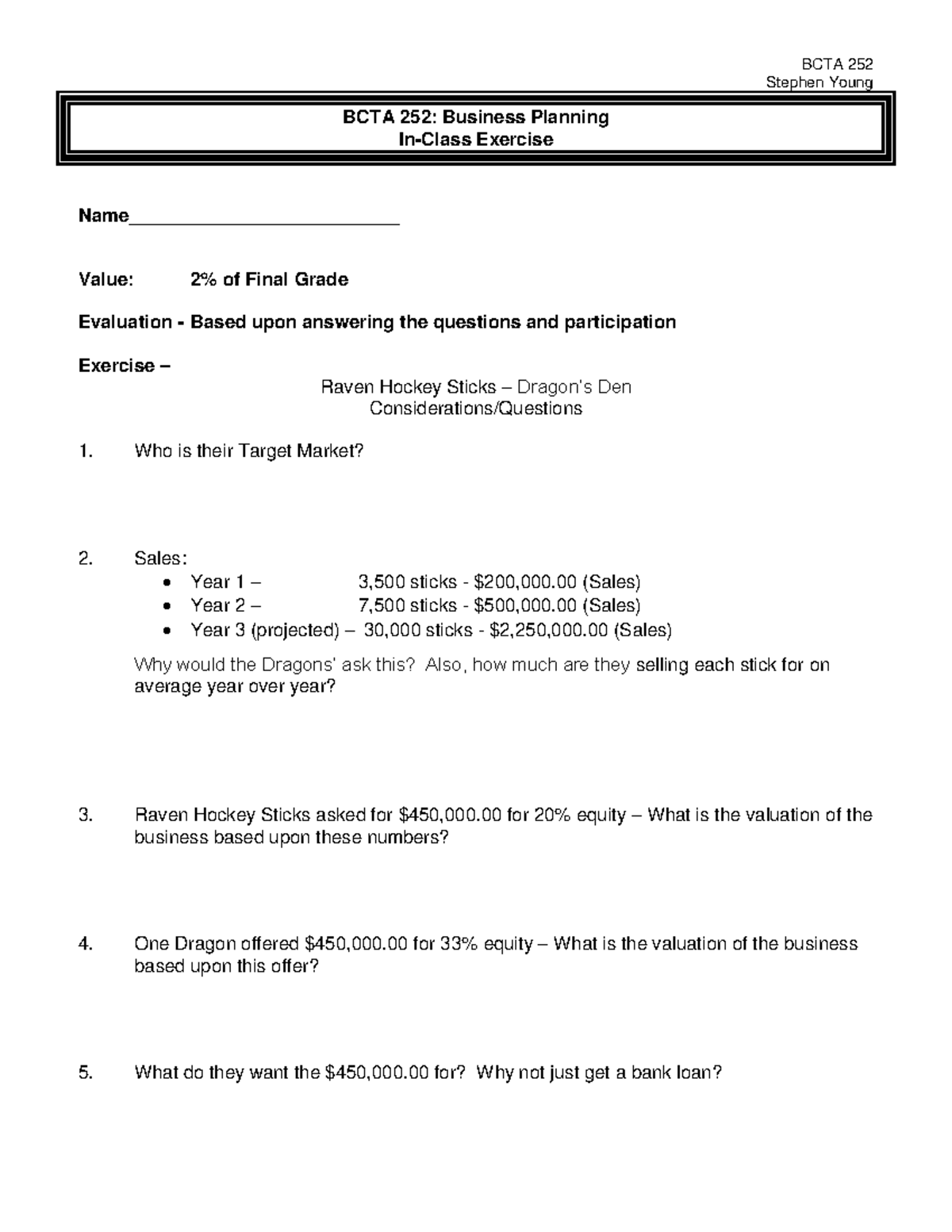 In-Class Exercise 2 - BCTA 252 - BCTA 252 Stephen Young BCTA 252 ...