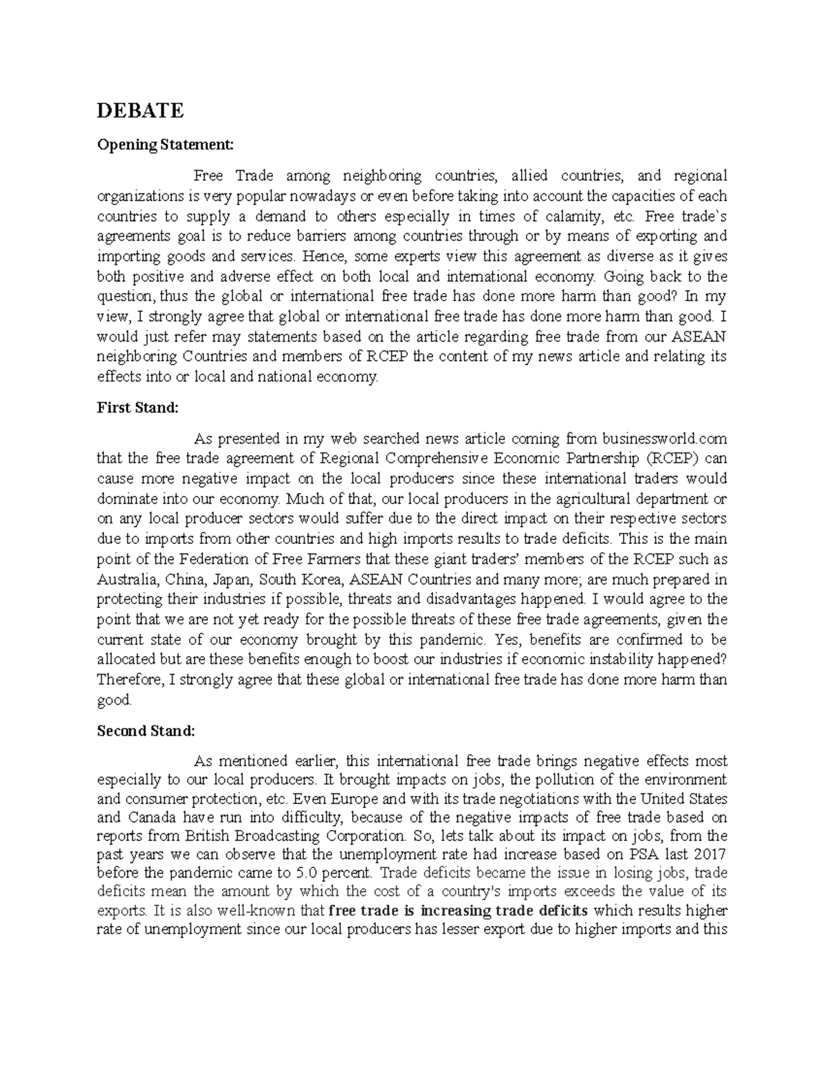Debate Position Paper - DEBATE Opening Statement: Free Trade among ...